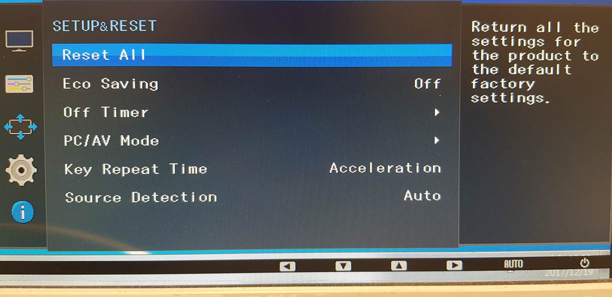 顯示器的螢幕設定跑掉了，該怎麼回復原廠設定值?